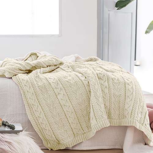 Beige Knit Sherpa Blanket Cotton Throw Blanket with Sherpa Lining Double Sided Reversible Winter Blanket Super Soft, Warm, Elegant, Plush, Cozy for Couch, Sofa, Bed Home Decor 50 x 63 inch