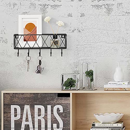 Snughome Entryway Mail Holder with Key Hooks for Wall, 11ββL Wall Mounted Matte Black Metal Wire Mesh Storage Basket with Holders for Organize Letters, Magazines, Keys, Leashes(Matte Black)