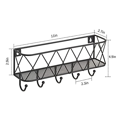 Snughome Entryway Mail Holder with Key Hooks for Wall, 11ββL Wall Mounted Matte Black Metal Wire Mesh Storage Basket with Holders for Organize Letters, Magazines, Keys, Leashes(Matte Black)