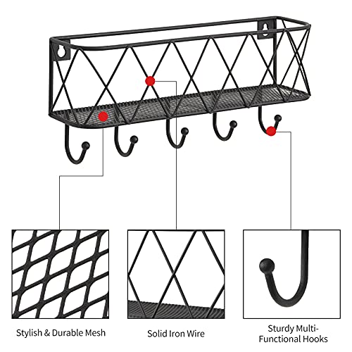 Snughome Entryway Mail Holder with Key Hooks for Wall, 11ββL Wall Mounted Matte Black Metal Wire Mesh Storage Basket with Holders for Organize Letters, Magazines, Keys, Leashes(Matte Black)