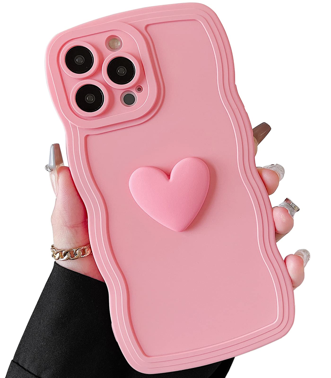Qokey Case(6.7" 2021), Cute 3D Colors Love Heart Wavy Frame Full Protection for iPhone 13 Pro Max 6.7" Soft TPU Shockproof Phone Cover for Women Girls,Pink