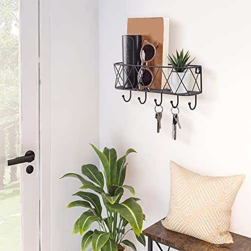 Snughome Entryway Mail Holder with Key Hooks for Wall, 11ββL Wall Mounted Matte Black Metal Wire Mesh Storage Basket with Holders for Organize Letters, Magazines, Keys, Leashes(Matte Black)
