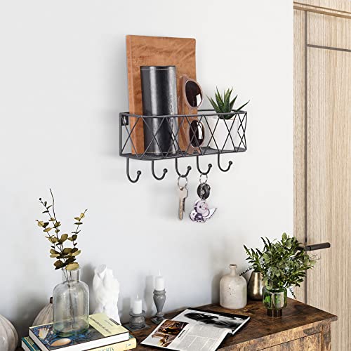Snughome Entryway Mail Holder with Key Hooks for Wall, 11ββL Wall Mounted Matte Black Metal Wire Mesh Storage Basket with Holders for Organize Letters, Magazines, Keys, Leashes(Matte Black)