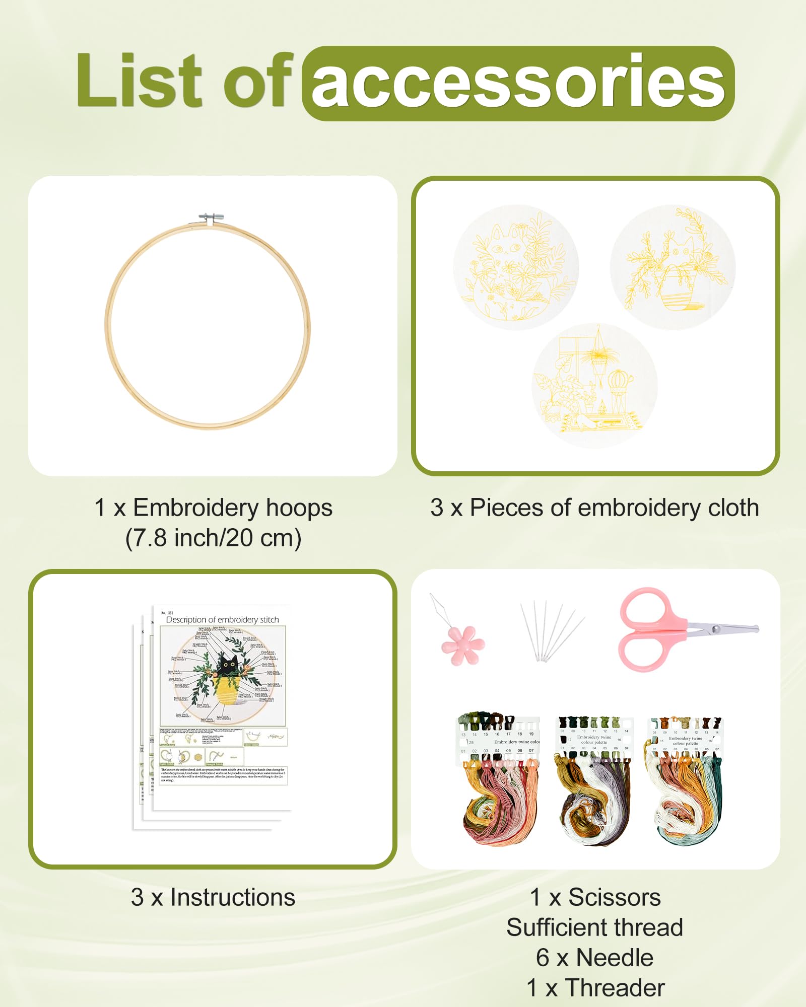 Santune 3 Pack Embroidery Kits for Adults Cross Stitch Kits for Beginners Hand Embroidery with Cat Patterns and Instructions Hobby Kits for Adults with Embroidery Hoops, Threads and Needles