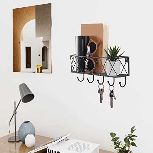 Snughome Entryway Mail Holder with Key Hooks for Wall, 11ββL Wall Mounted Matte Black Metal Wire Mesh Storage Basket with Holders for Organize Letters, Magazines, Keys, Leashes(Matte Black)