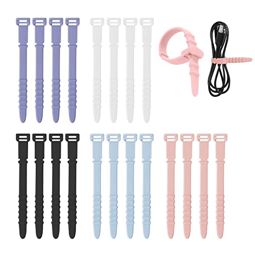 20 Pcs Silicone Zip Ties, Reusable Wire Ties 4.5'' Rubber Cable Ties Straps for Wire Management Home Office Table Organizer, Elastic Cord Ties in White, Black, Pink, Purple, and Blue