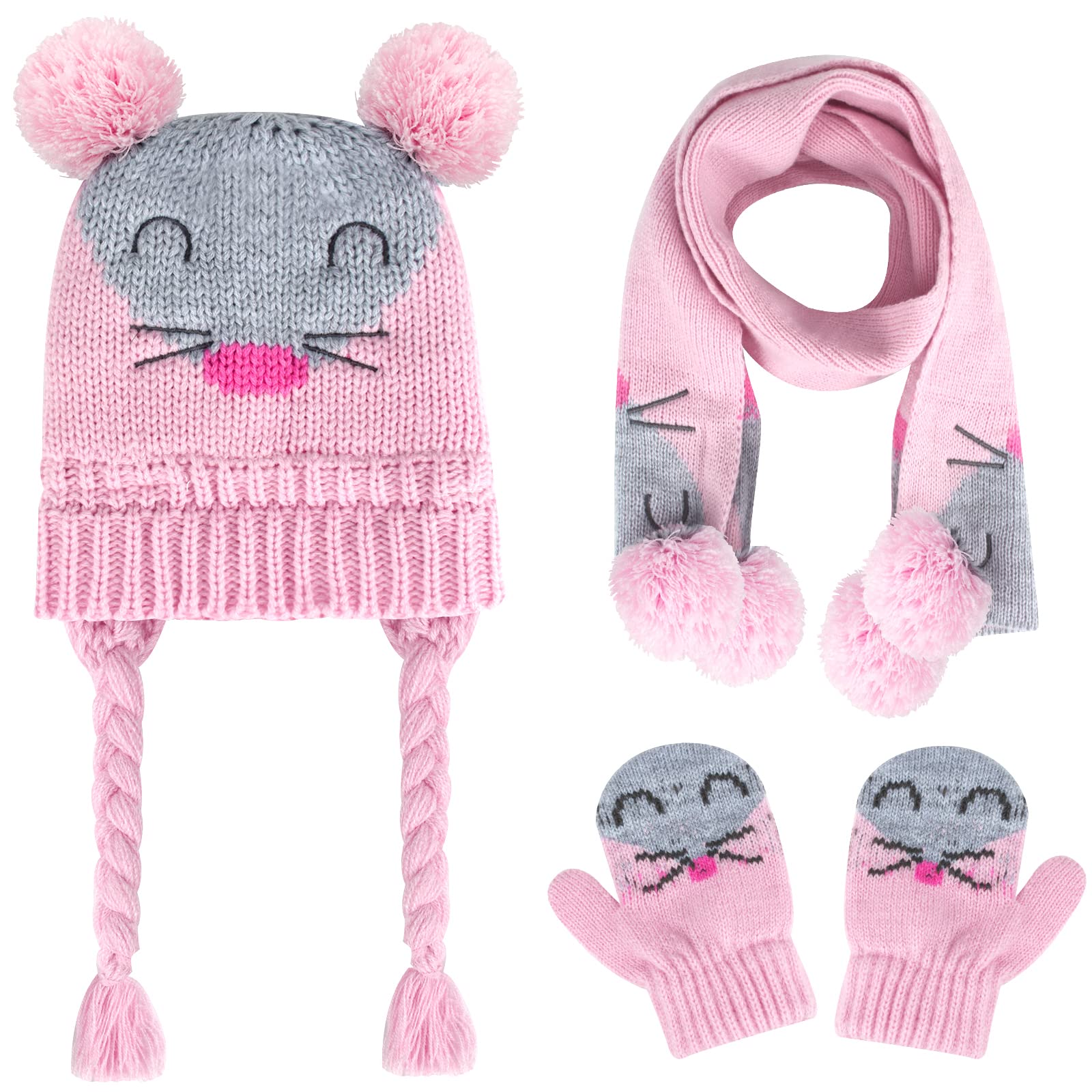 Hicdaw Toddler Winter Hat Scarf Gloves Set Baby Winter Hat Knit Beanie Hat Polar Fleece Warm Hat Cap for 1-4 Years Old Kid Boys Girls