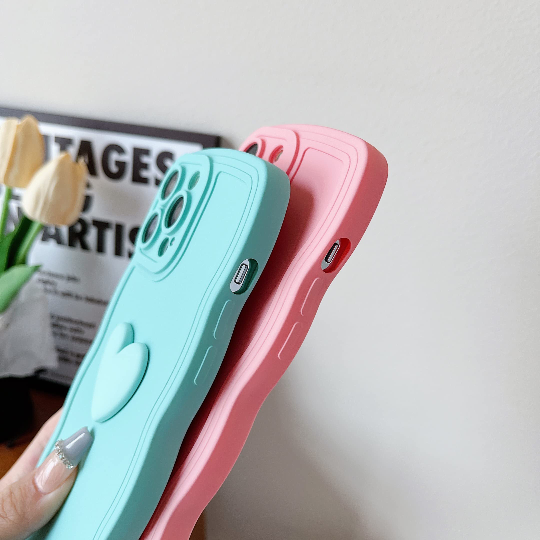 Qokey Case(6.7" 2021), Cute 3D Colors Love Heart Wavy Frame Full Protection for iPhone 13 Pro Max 6.7" Soft TPU Shockproof Phone Cover for Women Girls,Pink