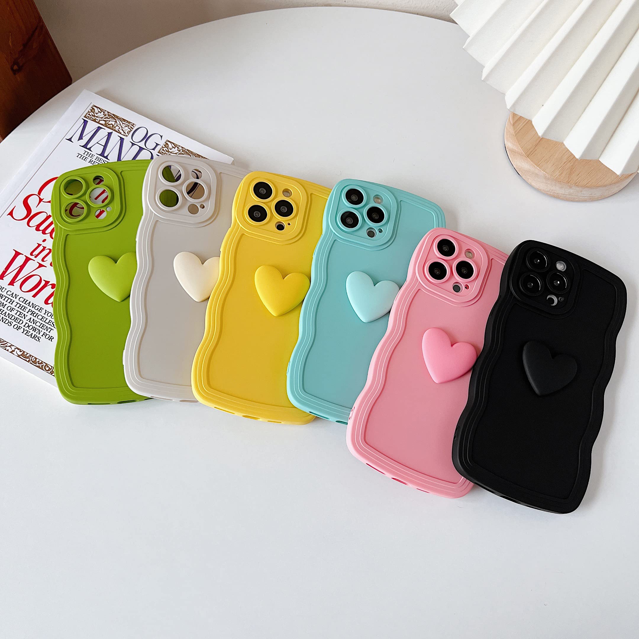 Qokey Case(6.7" 2021), Cute 3D Colors Love Heart Wavy Frame Full Protection for iPhone 13 Pro Max 6.7" Soft TPU Shockproof Phone Cover for Women Girls,Pink