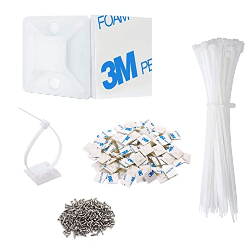 Strong Back-Glue Self Adhesive Cable Zip Tie Mounts Kit - 100 Set Cable Management Clips with 6" Zip Ties, Wire Holders and Screws - Outdoor Sticky Wire Organizer Clips - White