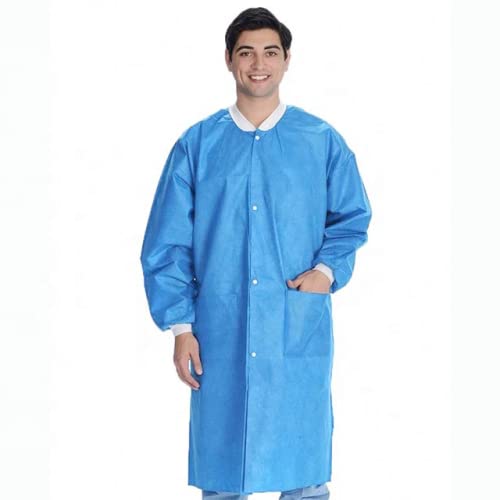 Greenour Disposable Lab Coat Blue Pack of 10 SMS with Pockets for Adult Knitted Collar and Cuffs Breathable Fluid Resistant(Large