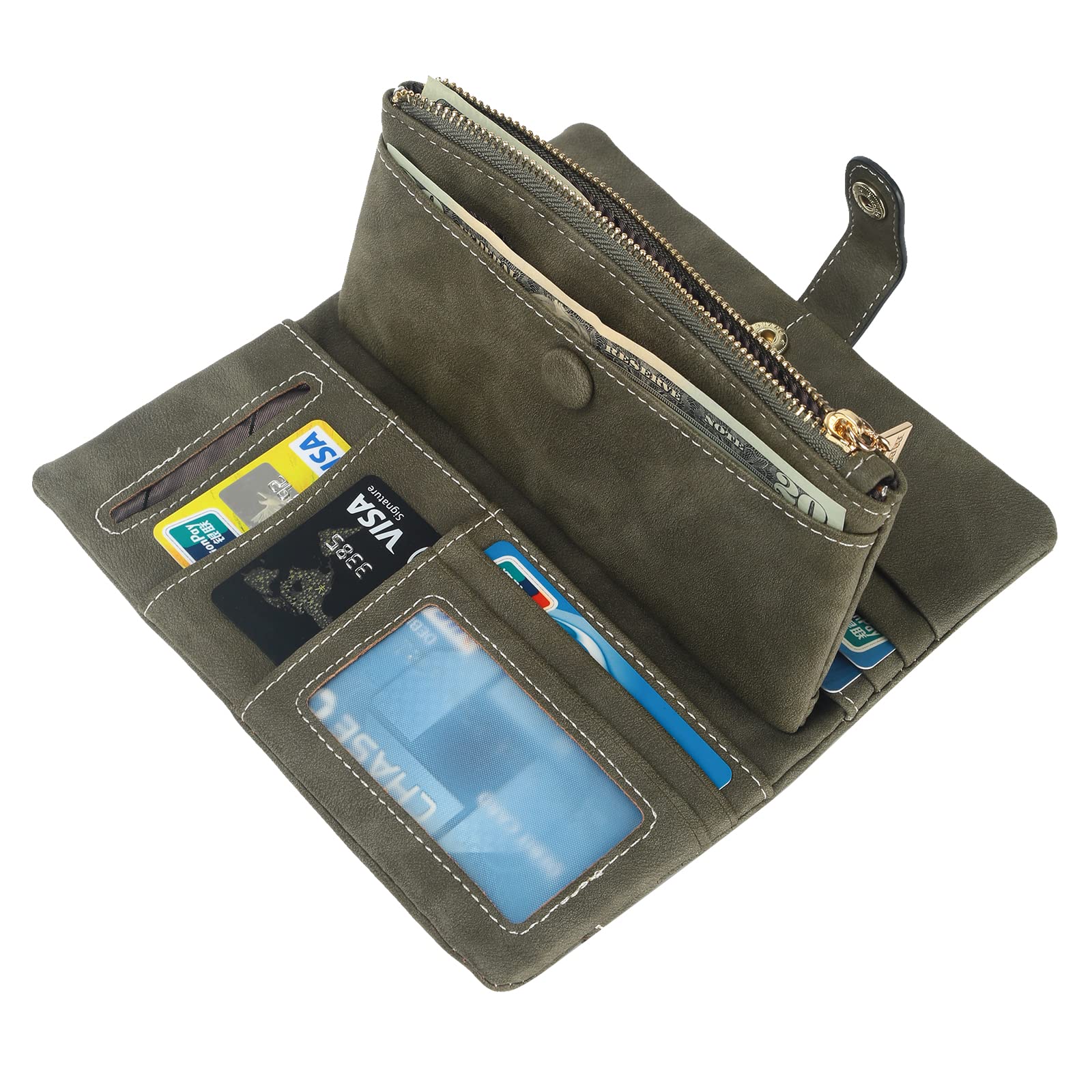 Women Vegan Leather Wallet Bifold Clutch Large Capacity Card Organizer Buckle Long Purse for Girls Candy Color (Dark-Green)