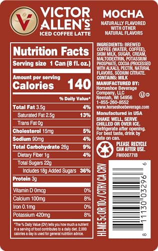 Victor Allen's Coffee Mocha Iced Canned Coffee Latte, 8oz Cans (12 Pack)