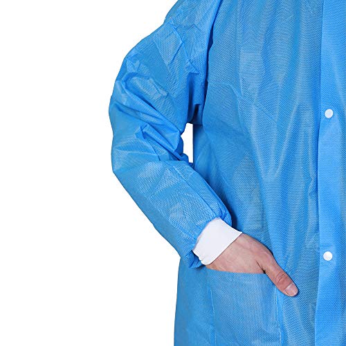 Greenour Disposable Lab Coat Blue Pack of 10 SMS with Pockets for Adult Knitted Collar and Cuffs Breathable Fluid Resistant(Large