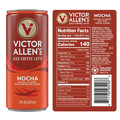 Victor Allen's Coffee Mocha Iced Canned Coffee Latte, 8oz Cans (12 Pack)