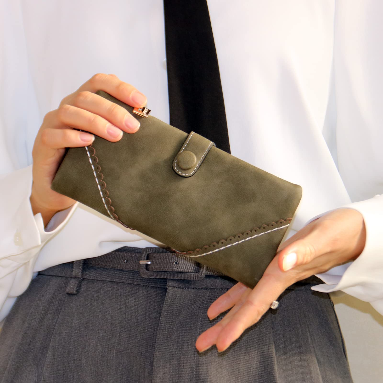 Women Vegan Leather Wallet Bifold Clutch Large Capacity Card Organizer Buckle Long Purse for Girls Candy Color (Dark-Green)