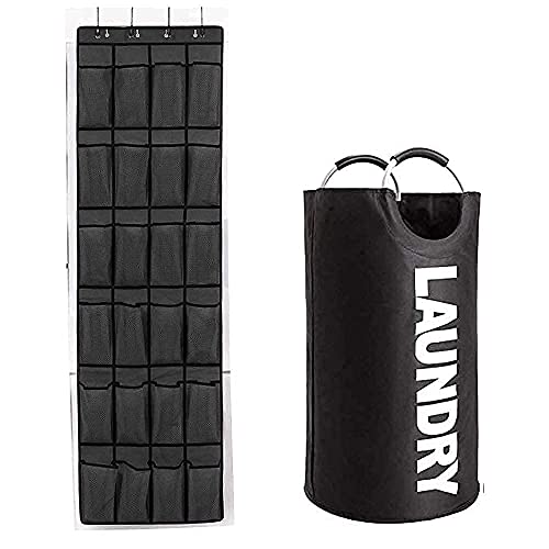 Gorilla Grip Over The Door Mesh Pocket Shoe Organizer and Laundry Basket, 24 Pocket Shoe Organizer and 80L Laundry Basket both in Black Color, 2 item Bundle