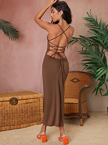 Verdusa Women's Lace Up Backless Strappy Sleeveless Split Long Cami Dress Coffee Brown S