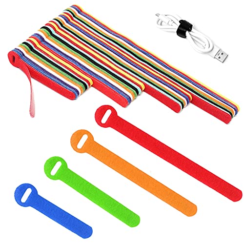 Cable Ties 100PCS,4+6+8+10 Inch Reusable Cable Management,Multi-Purpose Adjustable Cord Organizer,Fastening Microfiber Cloth Hook and Loop Cable Organizer Wire Straps,Assorted Colors