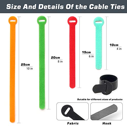Cable Ties 100PCS,4+6+8+10 Inch Reusable Cable Management,Multi-Purpose Adjustable Cord Organizer,Fastening Microfiber Cloth Hook and Loop Cable Organizer Wire Straps,Assorted Colors