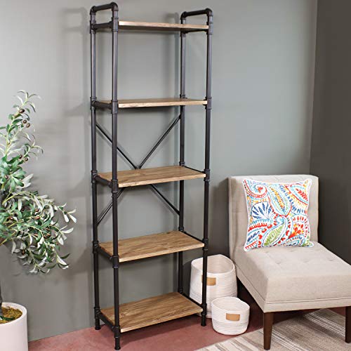 Sunnydaze 5-Tier Freestanding Industrial Bookshelf for Living Room - Black Pipe Style Frame with Wood Veneer Shelves - Brown