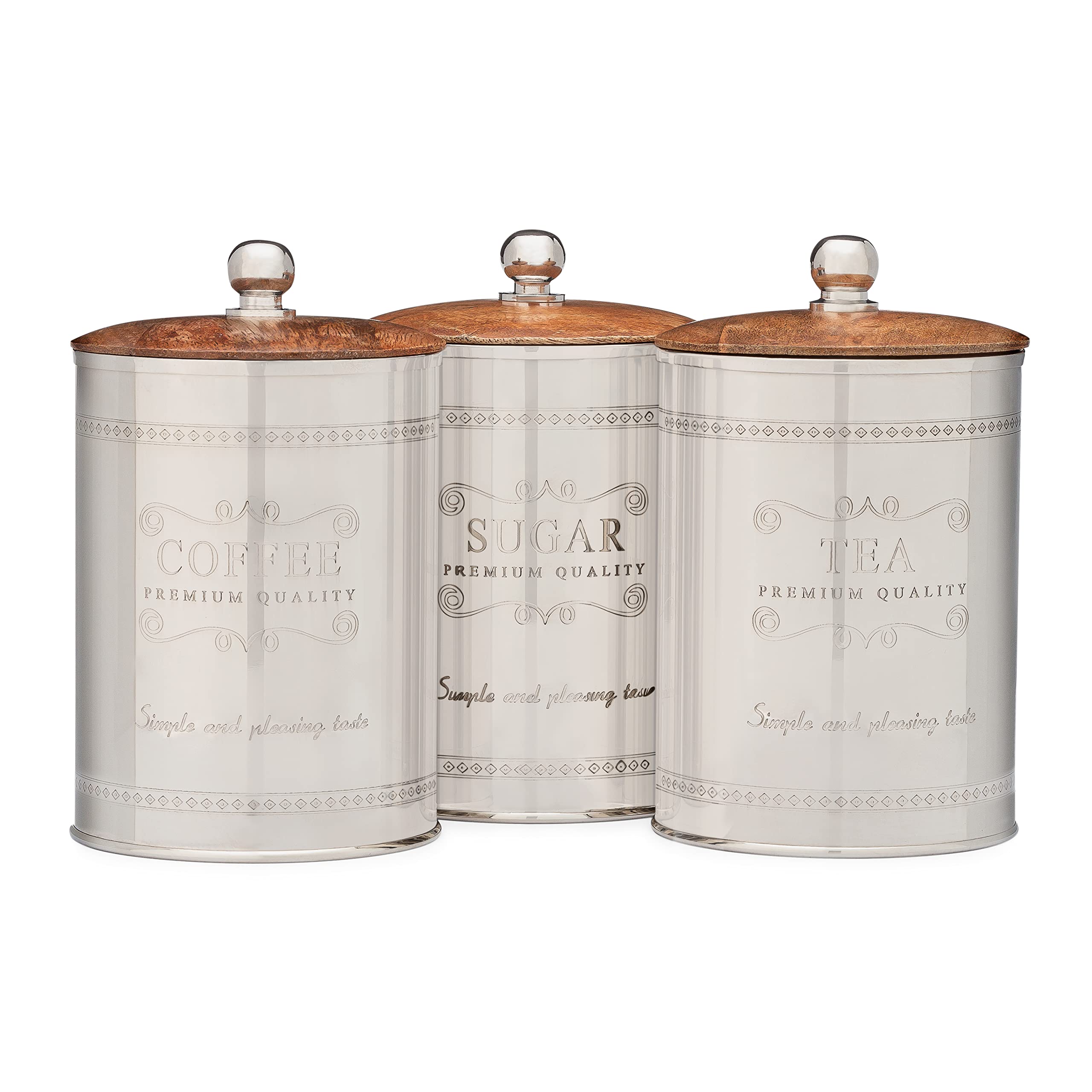 Old Dutch International 3 PC Nostalgia Etched, Tea, Coffee, Sugar, 1.4 Qt Each Canister Set, Silver/wood (21848)