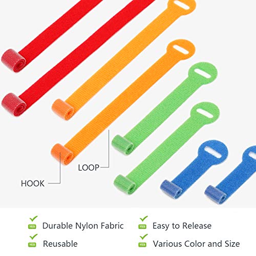 Cable Ties 100PCS,4+6+8+10 Inch Reusable Cable Management,Multi-Purpose Adjustable Cord Organizer,Fastening Microfiber Cloth Hook and Loop Cable Organizer Wire Straps,Assorted Colors