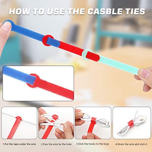 Cable Ties 100PCS,4+6+8+10 Inch Reusable Cable Management,Multi-Purpose Adjustable Cord Organizer,Fastening Microfiber Cloth Hook and Loop Cable Organizer Wire Straps,Assorted Colors
