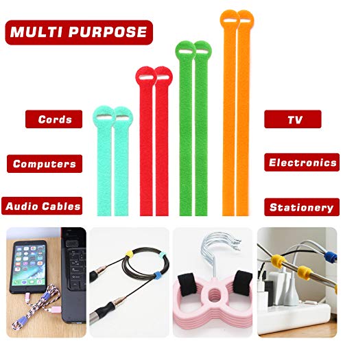 Cable Ties 100PCS,4+6+8+10 Inch Reusable Cable Management,Multi-Purpose Adjustable Cord Organizer,Fastening Microfiber Cloth Hook and Loop Cable Organizer Wire Straps,Assorted Colors