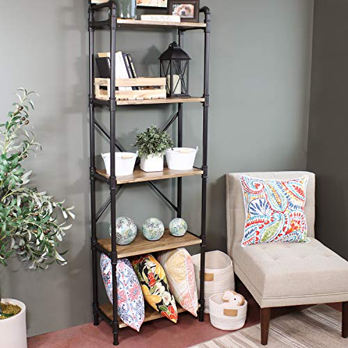 Sunnydaze 5-Tier Freestanding Industrial Bookshelf for Living Room - Black Pipe Style Frame with Wood Veneer Shelves - Brown
