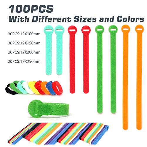 Cable Ties 100PCS,4+6+8+10 Inch Reusable Cable Management,Multi-Purpose Adjustable Cord Organizer,Fastening Microfiber Cloth Hook and Loop Cable Organizer Wire Straps,Assorted Colors