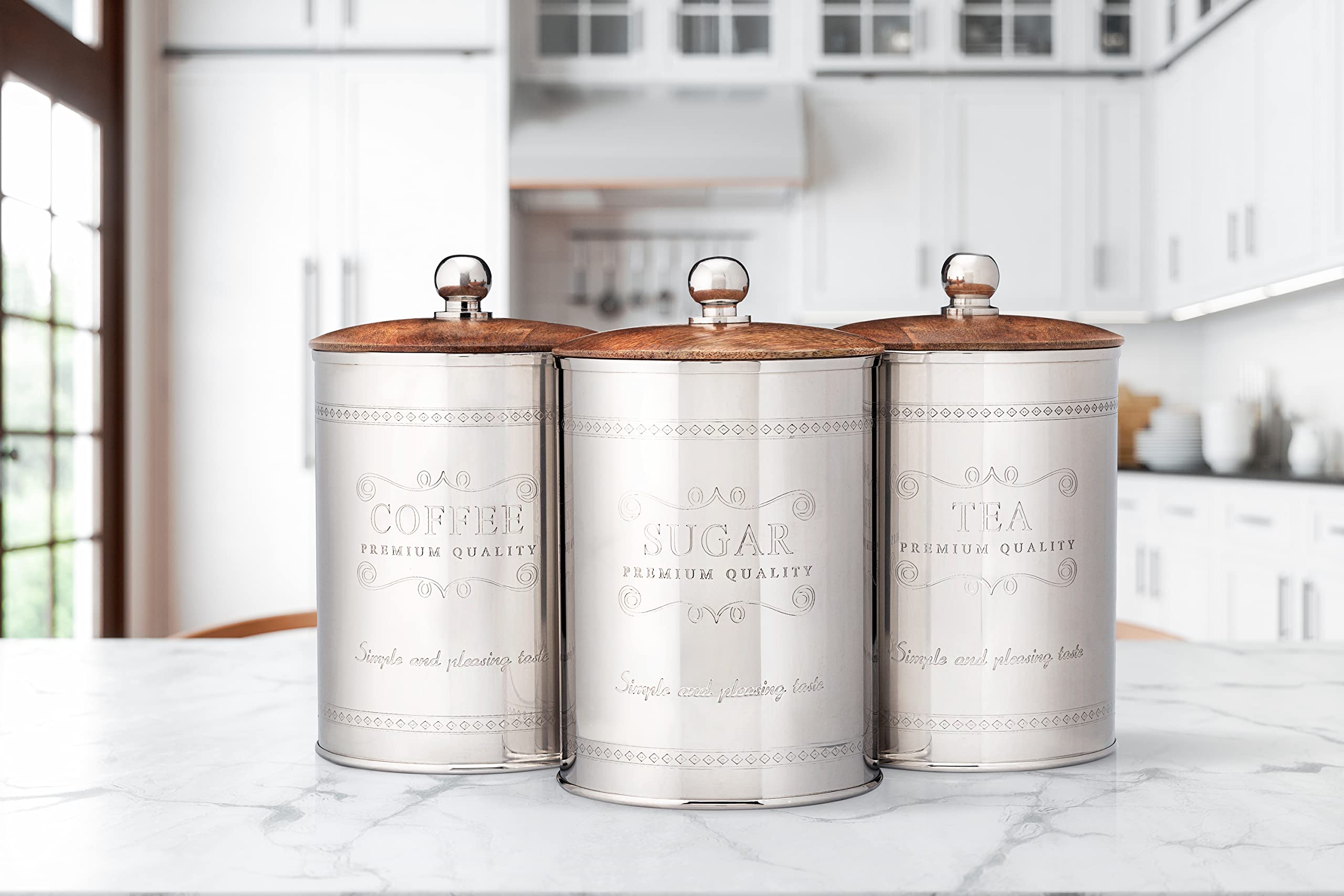 Old Dutch International 3 PC Nostalgia Etched, Tea, Coffee, Sugar, 1.4 Qt Each Canister Set, Silver/wood (21848)