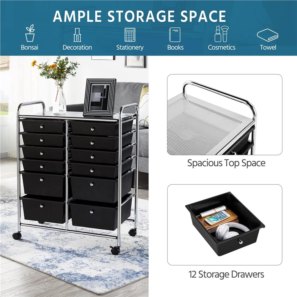 FDMASK 12 Drawer Rolling Storage Cart (Color : Black)