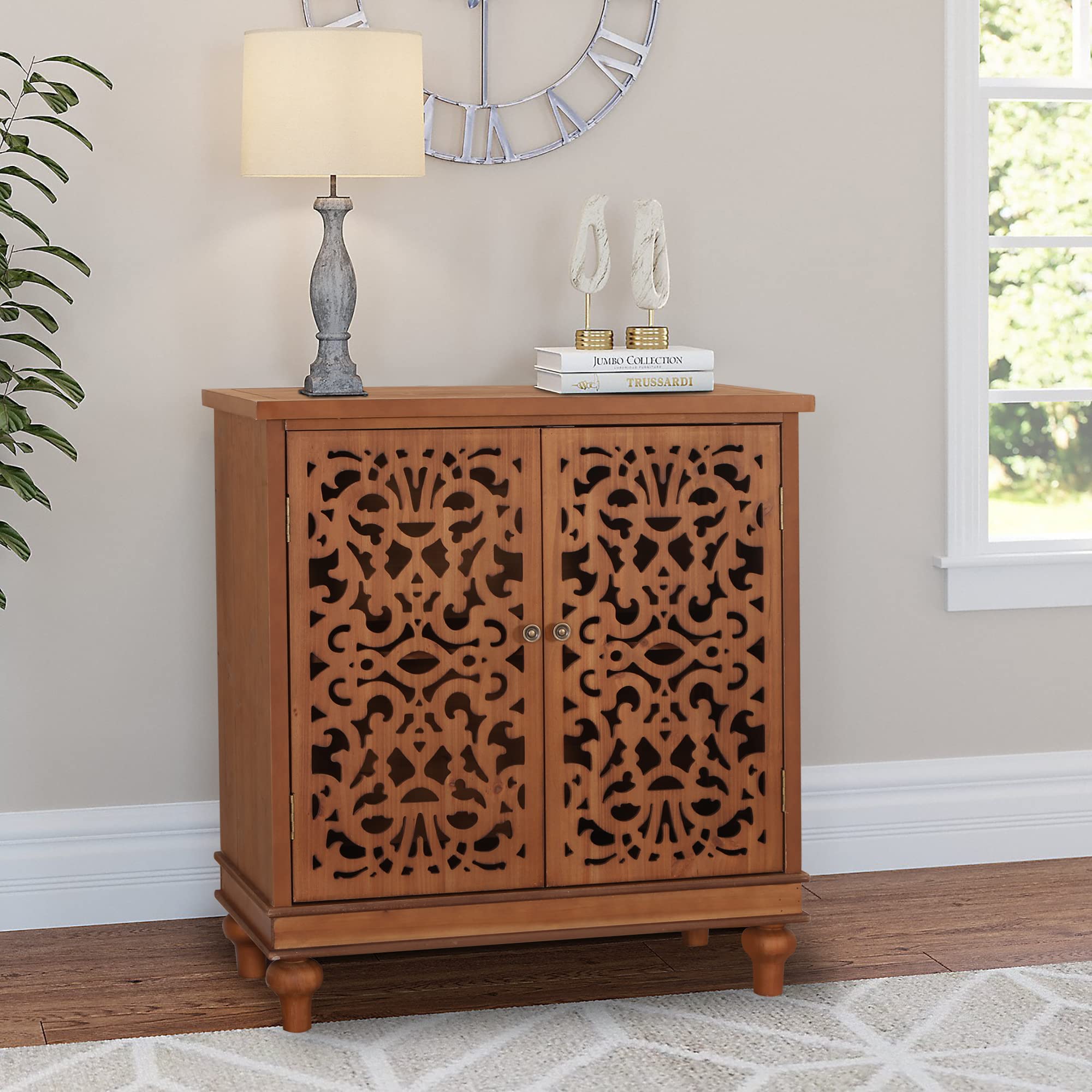 PHI VILLA Accent Cabinet with Doors Storage Cabinet Corner Entryway Living Room Cabinet, Red Brown