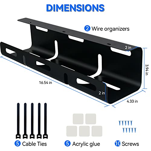 Under Desk Cable Management Tray 2 Pieces Steel Under Desk Wires Organizer Power Strip Management No Drill Under Table Organizer for Cable Storage Holder for Office Home Desk/Table(Premium Metal)