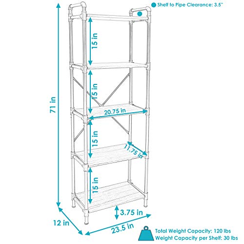 Sunnydaze 5-Tier Freestanding Industrial Bookshelf for Living Room - Black Pipe Style Frame with Wood Veneer Shelves - Brown