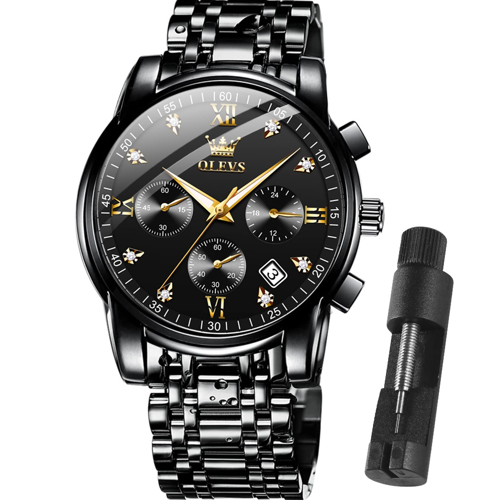 Black Watch for Men OLEVS Watch Men Stainless Steel Watches Waterproof Luxury Business Dress Mens Watches Quartz Analog Classic Big Large Face Watches Black Dial with Day and Date,relojes para hombres