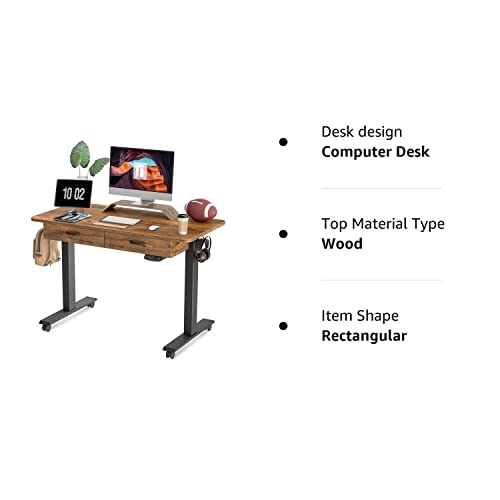 FEZIBO Adjustable Height Electric Standing Desk with Double Drawer, 55x 24 Inches Stand Up Home Office Desk with Splice Tabletop, Black Frame/Fir Brown Top