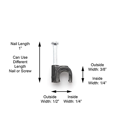 Single Coaxial Cable Clips, Cat6, Electrical Wire Cable Clip, 1/4 in (6 mm) Nail Clip and Fastener, Black (10 Pieces per Bag)