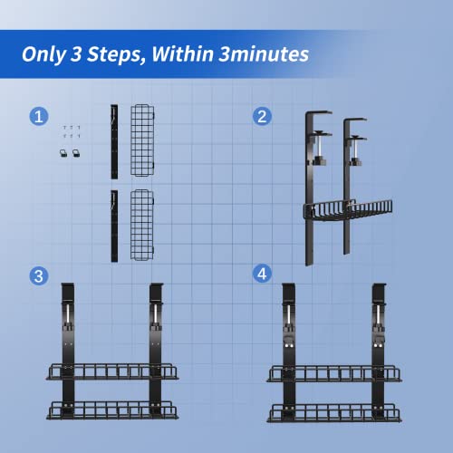 Under Desk Cable Management Tray, High Capacity Cord Organizer Rack for Desk, 2 Tier Desk Wire Management with Clamp Mount System, No Drill Cable Basket fits 0.4" to 2.4" Thickness Flat Side Desk
