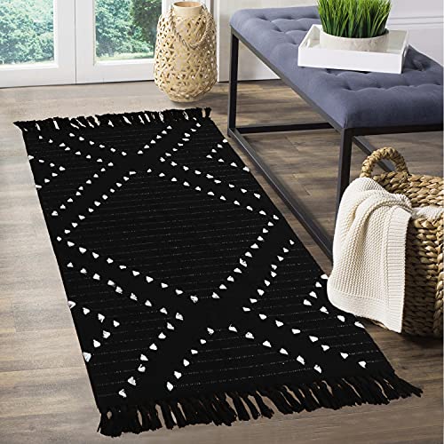 HAOCOO Boho Bathroom Runner Rug 2β X 4.3β, Black Geometric Washable Woven Cotton Diamond Area Rug, Chic Moroccan Tribal Tassel Kitchen Rug,Throw Floor Mat Carpet Decorative for Living Room Bedroom