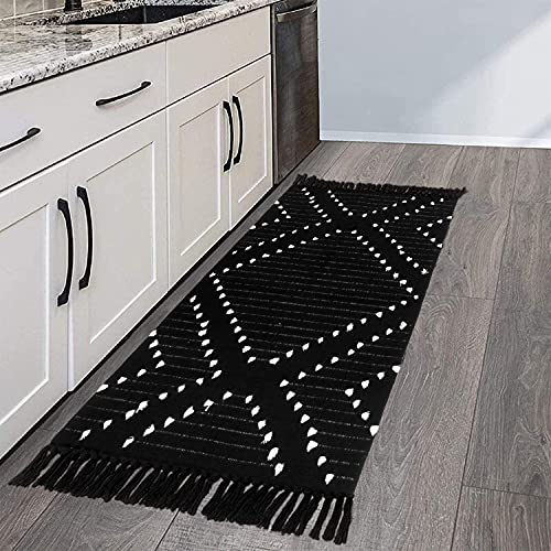 HAOCOO Boho Bathroom Runner Rug 2β X 4.3β, Black Geometric Washable Woven Cotton Diamond Area Rug, Chic Moroccan Tribal Tassel Kitchen Rug,Throw Floor Mat Carpet Decorative for Living Room Bedroom