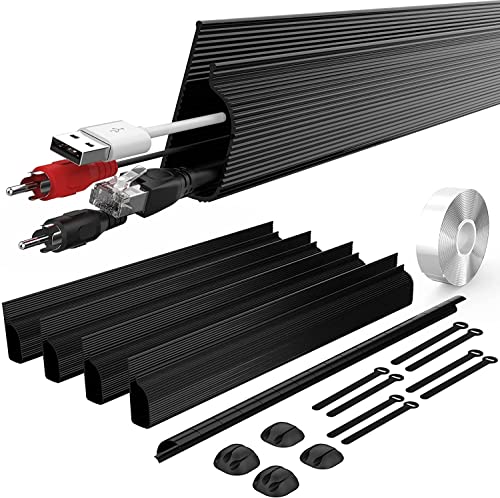 Cable Management Under Desk 63.2'' J Channel Cable Raceway, No Drill Cord Hider for Desk, Wire Management Under Desk Easy to Tape Install, 4X L15.8W1.1H2.24in Cable Management Tray, Black