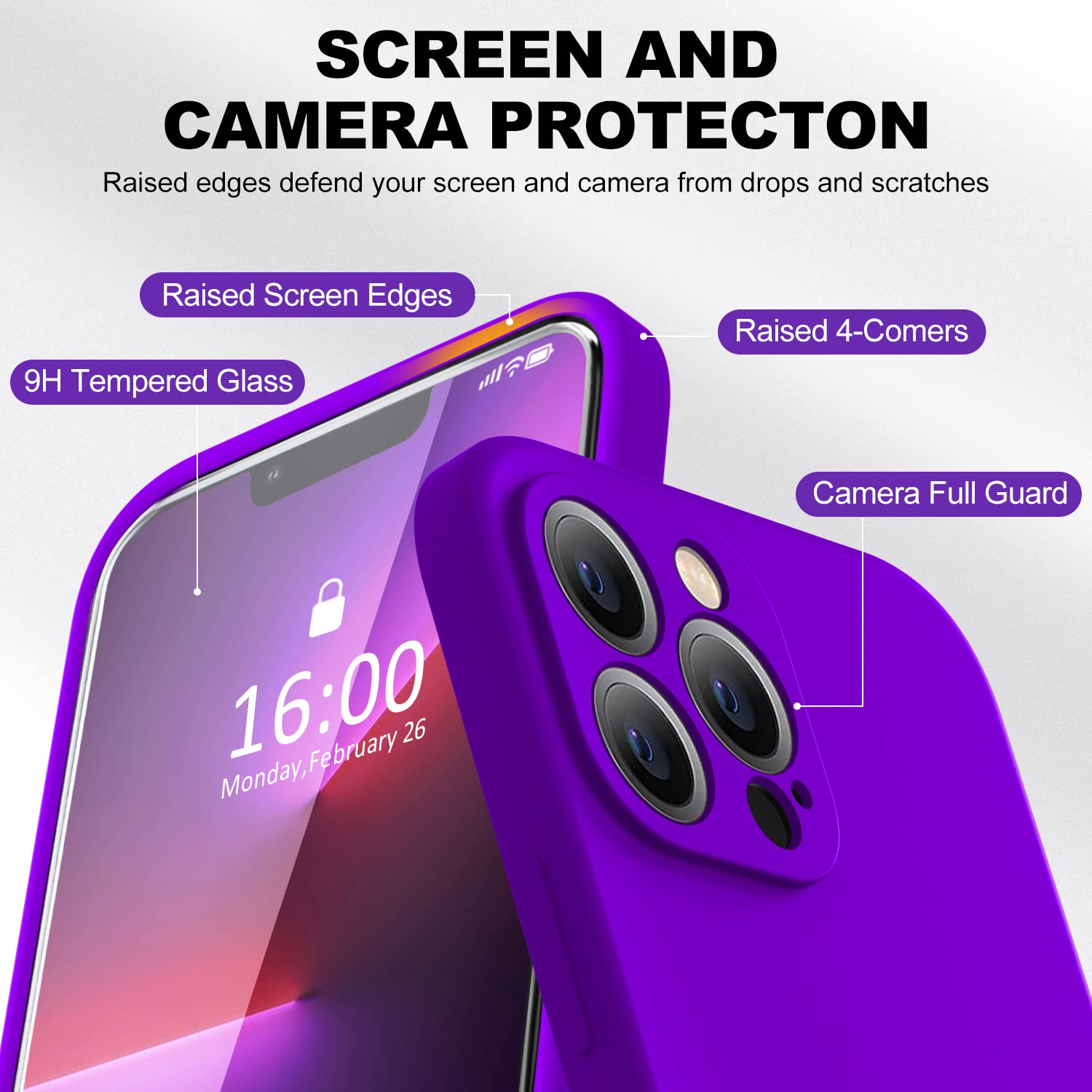 BossKiss Compatible with iPhone 13 Pro Max Case, Premium Liquid Silicone Case [Velvety Touch] [2 Pcs 9H Tempered Glass Screen Protector], Camera All-Round Protection Shockproof Kit Case,Neon Purple