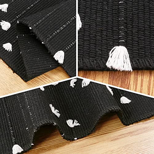 HAOCOO Boho Bathroom Runner Rug 2β X 4.3β, Black Geometric Washable Woven Cotton Diamond Area Rug, Chic Moroccan Tribal Tassel Kitchen Rug,Throw Floor Mat Carpet Decorative for Living Room Bedroom