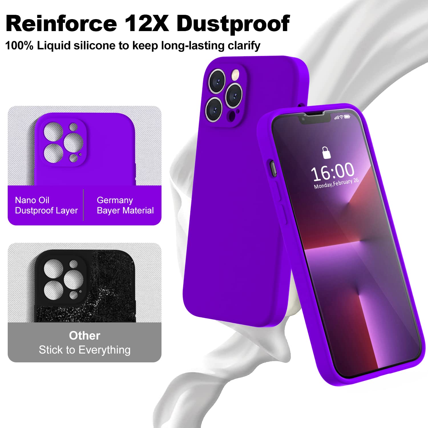 BossKiss Compatible with iPhone 13 Pro Max Case, Premium Liquid Silicone Case [Velvety Touch] [2 Pcs 9H Tempered Glass Screen Protector], Camera All-Round Protection Shockproof Kit Case,Neon Purple
