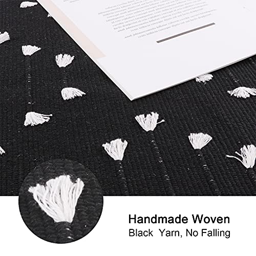 HAOCOO Boho Bathroom Runner Rug 2β X 4.3β, Black Geometric Washable Woven Cotton Diamond Area Rug, Chic Moroccan Tribal Tassel Kitchen Rug,Throw Floor Mat Carpet Decorative for Living Room Bedroom