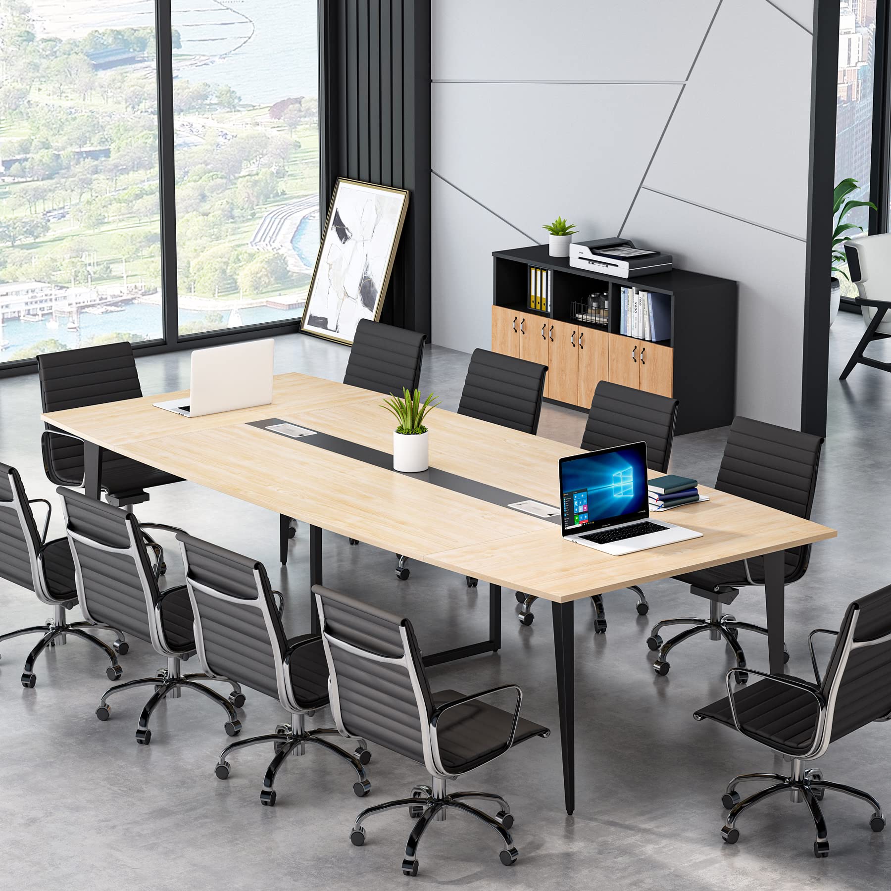 Tribesigns 8FT Conference Table, 94.48L x 47.24W x 29.52H Inches Large Boat Shaped Meeting Seminar Table with Cable Grommets, Modern Conference Room Table for Office (Light Wood Grain, 8ft)