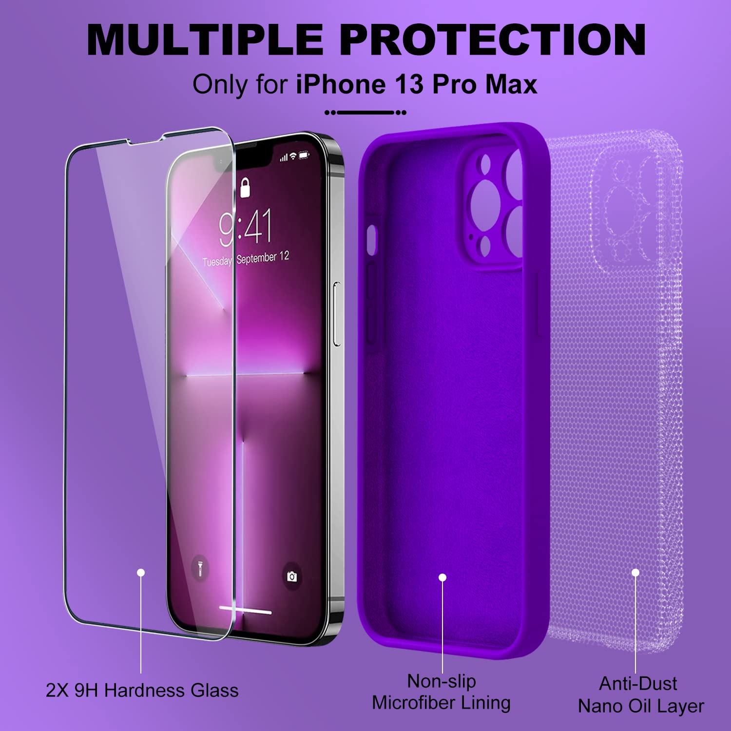 BossKiss Compatible with iPhone 13 Pro Max Case, Premium Liquid Silicone Case [Velvety Touch] [2 Pcs 9H Tempered Glass Screen Protector], Camera All-Round Protection Shockproof Kit Case,Neon Purple