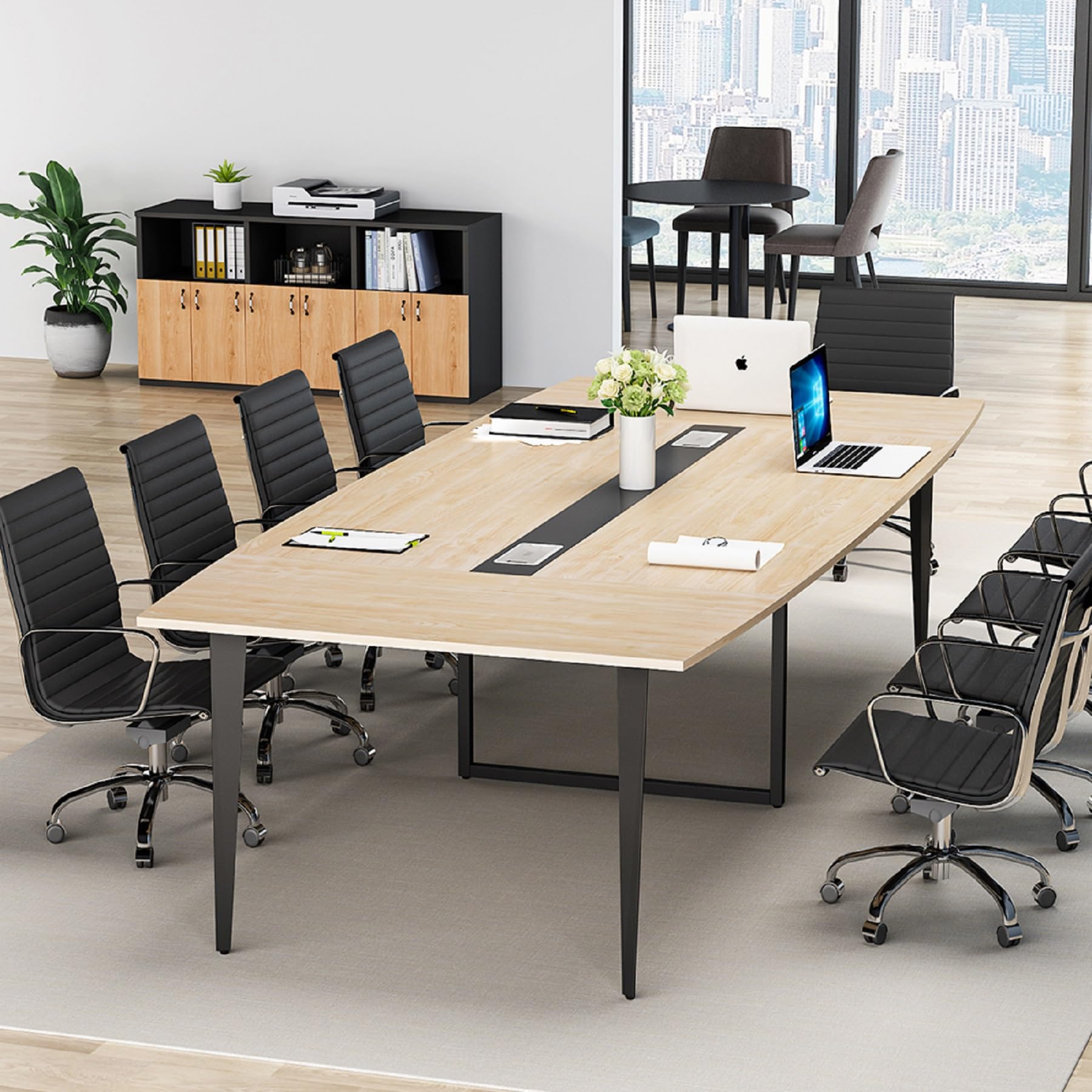 Tribesigns 8FT Conference Table, 94.48L x 47.24W x 29.52H Inches Large Boat Shaped Meeting Seminar Table with Cable Grommets, Modern Conference Room Table for Office (Light Wood Grain, 8ft)